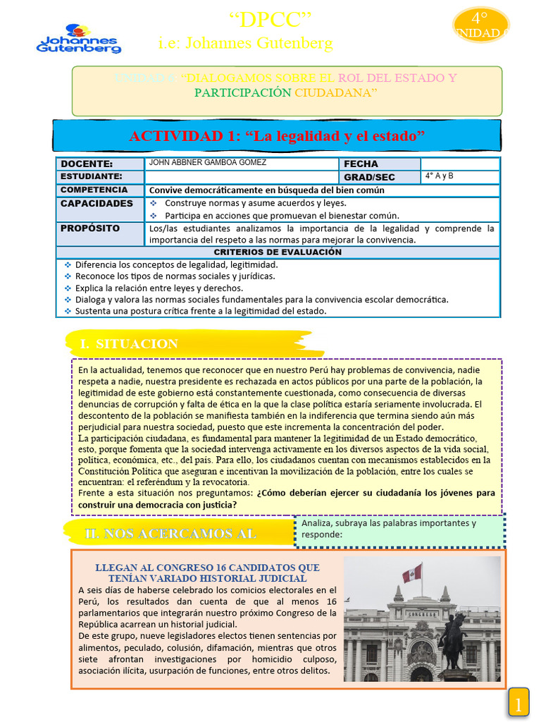4° DPCC - Actv.01-Unid.6 2023 | PDF | Democracia | Ideologías políticas