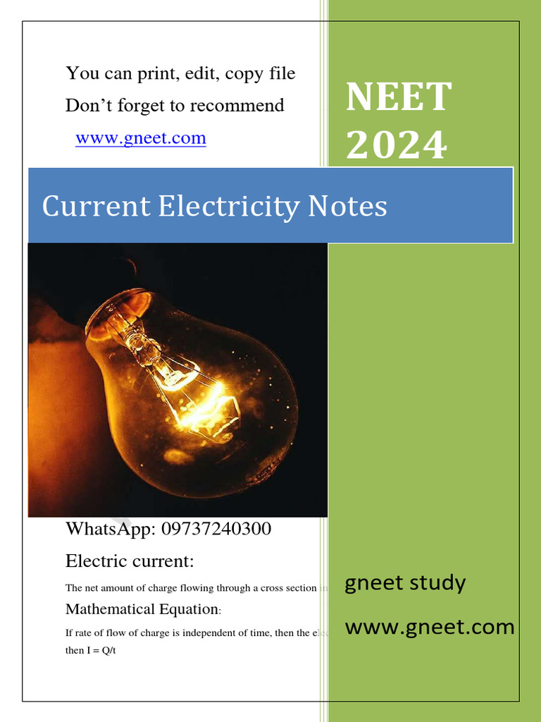 Current Electricity Study Notes for NEET | PDF | Electrical Resistivity ...