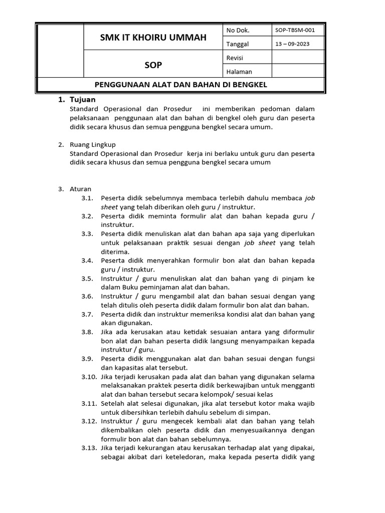 Sop Bengkel TBSM | PDF
