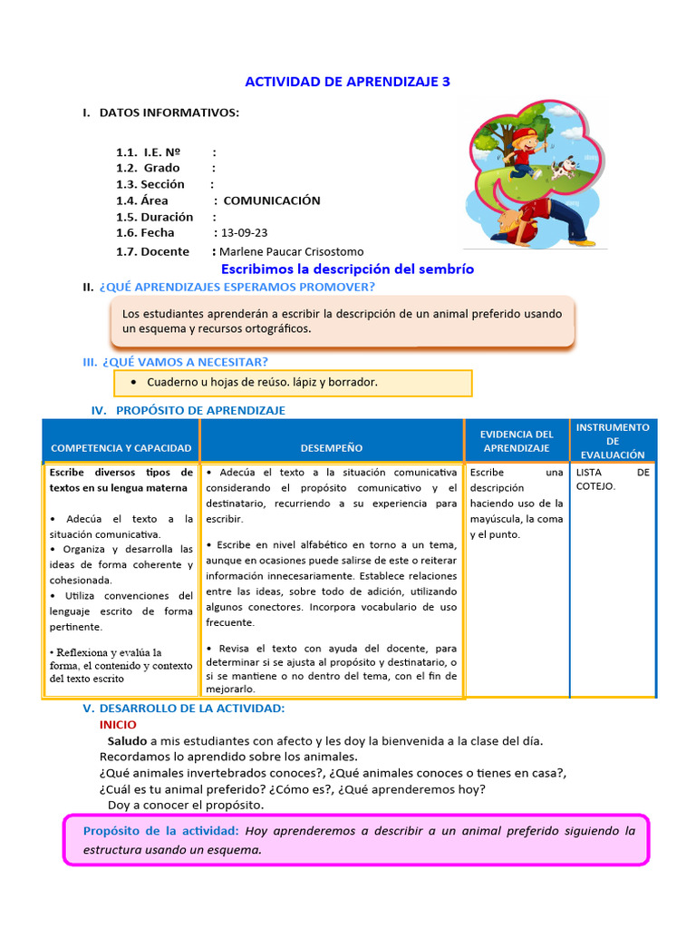 D3 A2 SESION Escribimos La Descripción de Un Animal | PDF