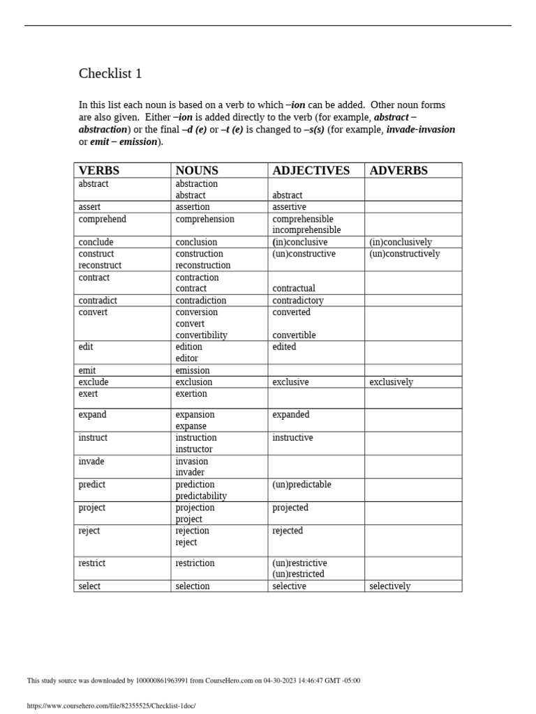 Checklist 1 | PDF | Noun | Verb