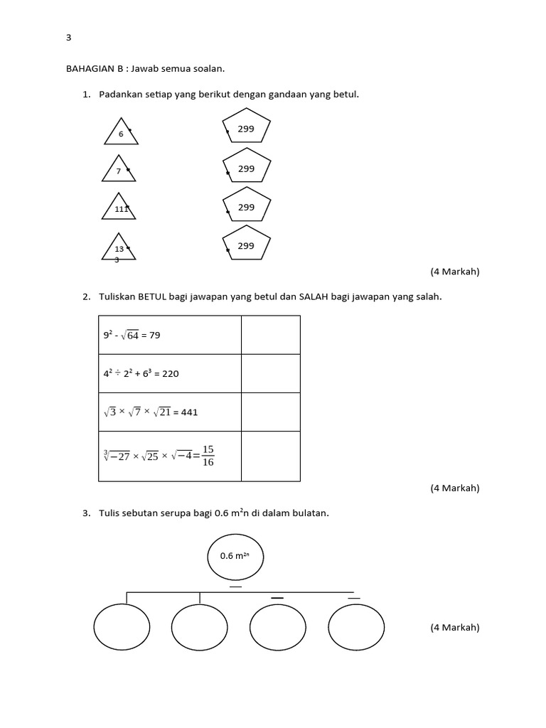 Bahagian B Math Ting 1 | PDF