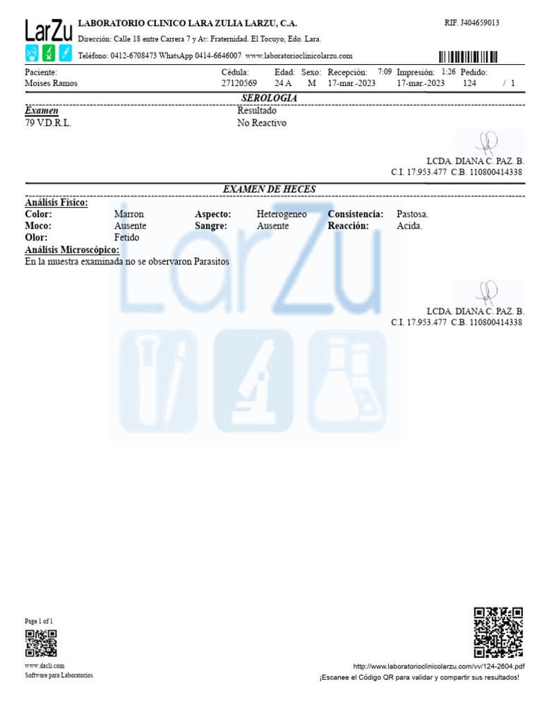 Resultado No Reactivo 79 V.D.R.L.: Serologia Examen | Descargar gratis ...