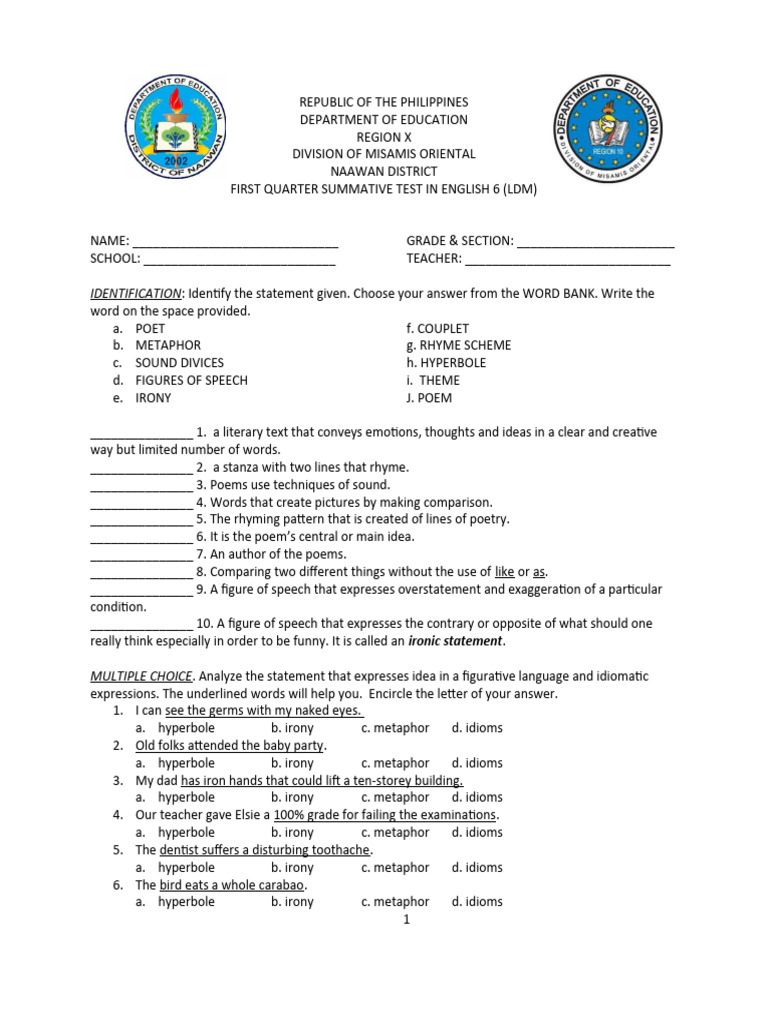 1st Quarter Summative Test English 6 | PDF | Poetry | Rhyme