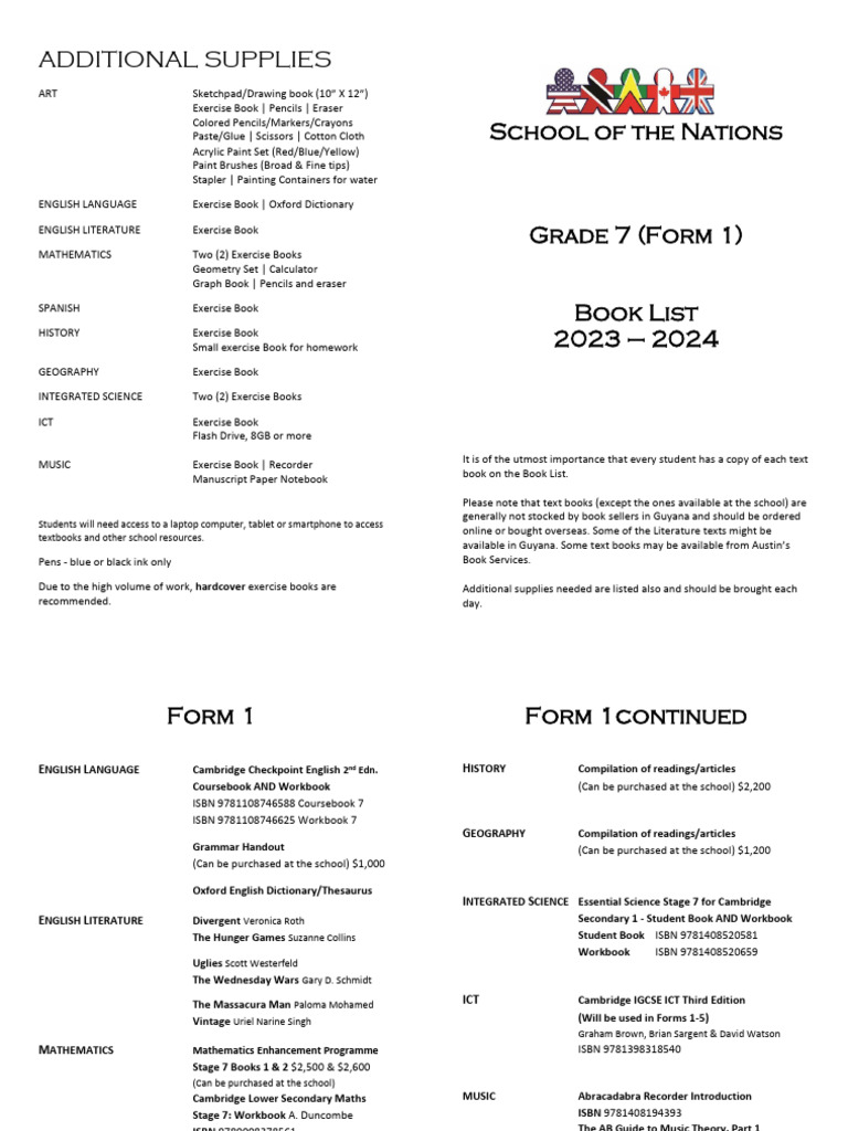 Booklists - 2023-2024 - Grade 7 (Form 1) | Download Free PDF | Books | Textbook