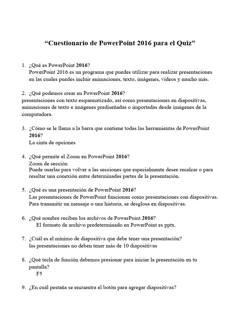 Cuestionario de PowerPoint para El Quiz | PDF | Microsoft PowerPoint | Software