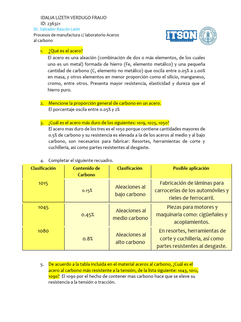 2.1. Ejercicios Aceros Al Carbono - Lizeth Verdugo | PDF | Acero | Aleación