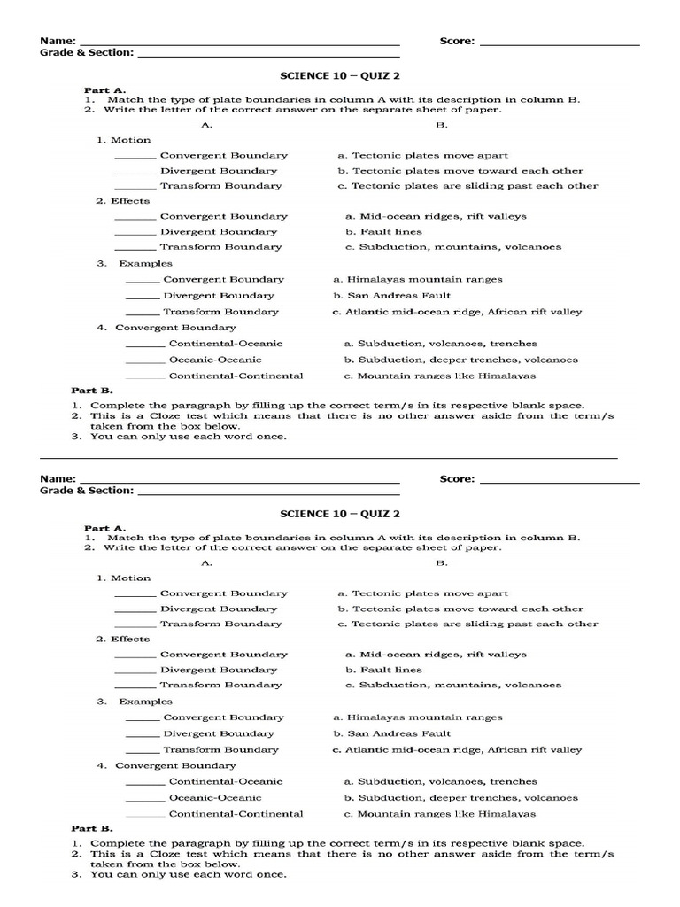 Science 10, Quiz 2 | PDF