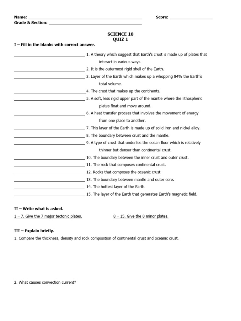 Science 10, Quiz 1a | PDF | Plate Tectonics | Earth