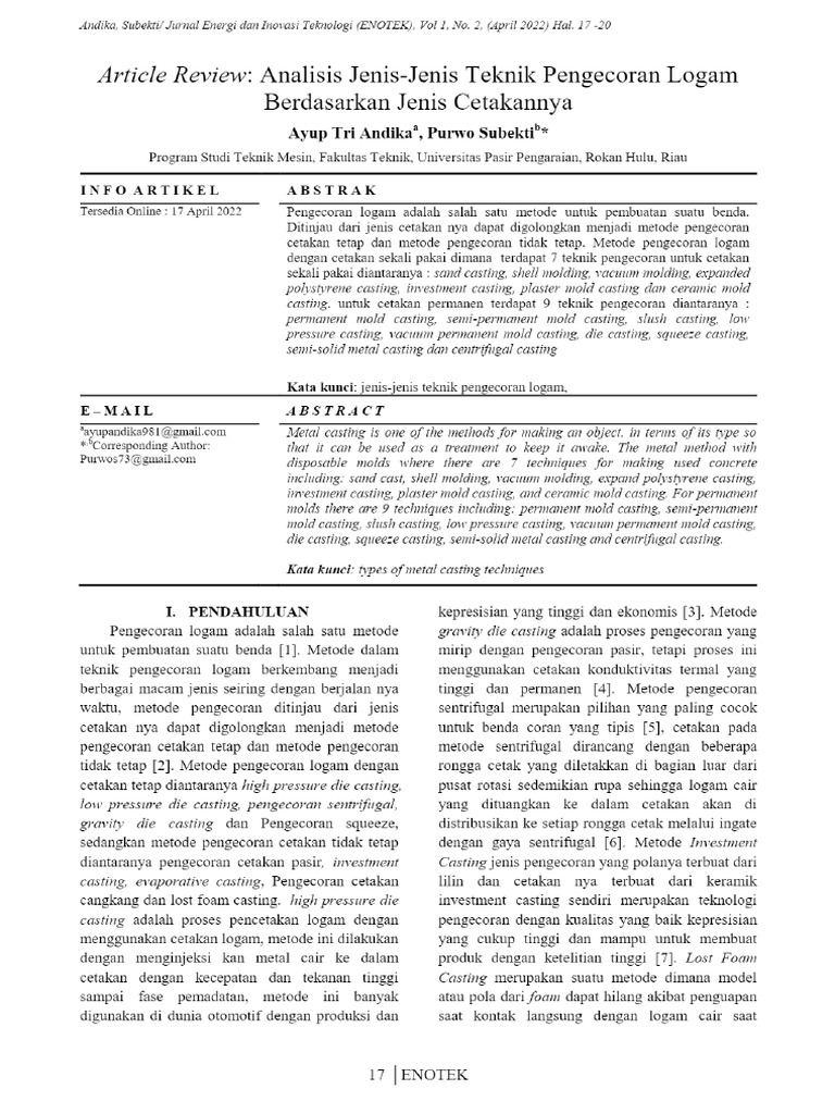 View of Article Review - Analisis Jenis-Jenis Teknik Pengecoran Logam Berdasarkan Jenis ...
