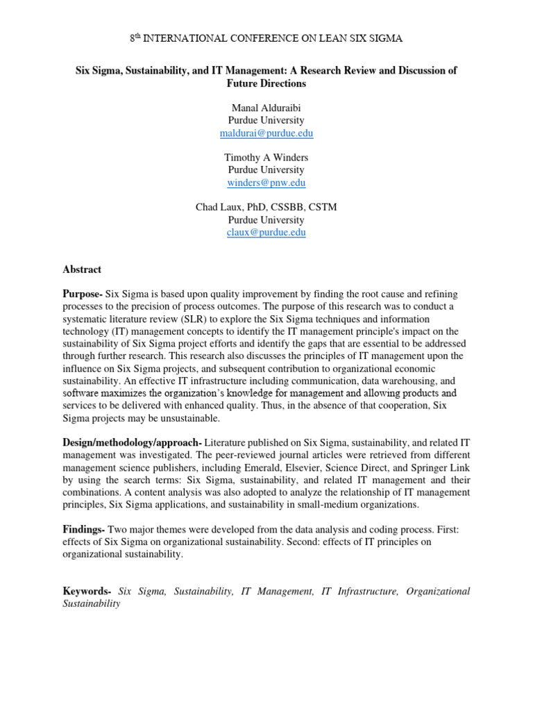 Six Sigma Sustainability and IT Management - A Research Review A | PDF ...