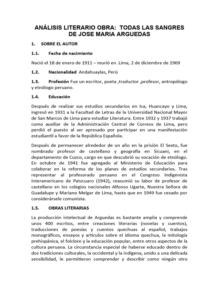 Análisis de La Obra Todas Las Sangres de Jose Maria Arguedas | PDF Análisis de La Obra Todas Las Sangres de Jose Maria Arguedas | PDF