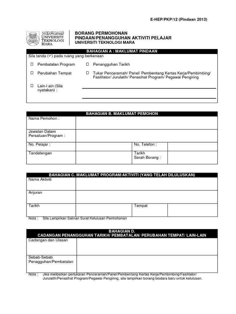 Borang Permohonan Pindaan Aktiviti Pelajar | PDF