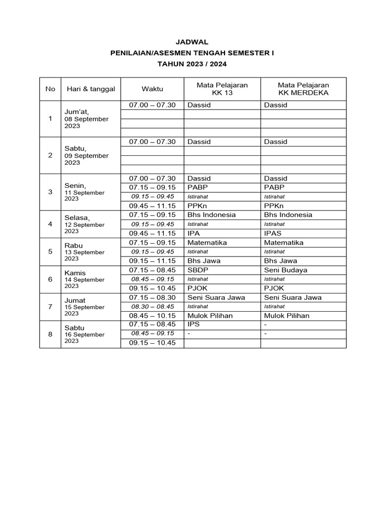 Jadwal PTS - Ats I Tahun 2023 - 2024 - Dipakai | PDF