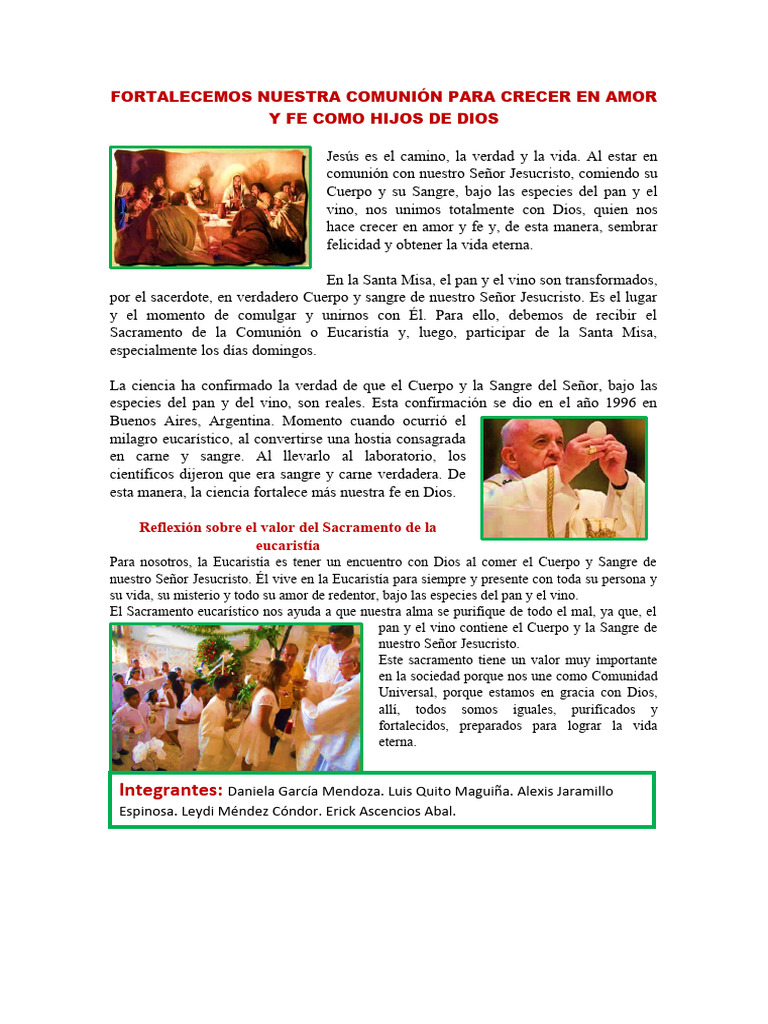 FORTALECEMOS NUESTRA COMUNIÓN PARA CRECER EN AMOR Y FE COMO HIJOS DE DIOS | PDF | eucaristía ...