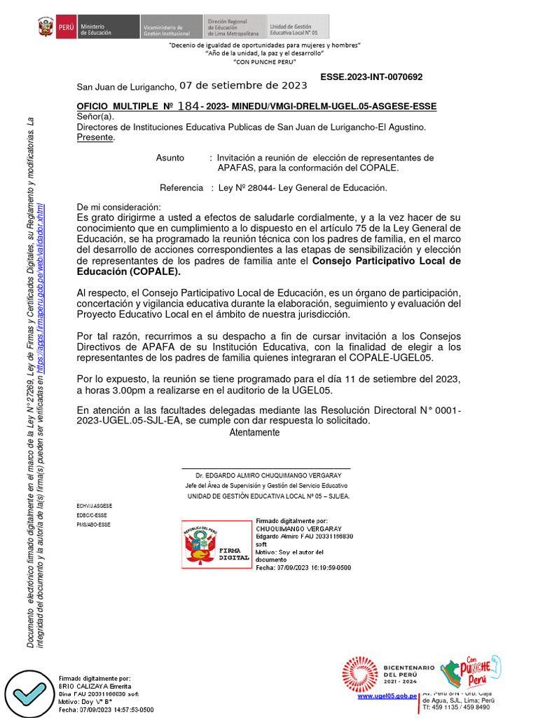 Oficio Multiple 184-2023-Asgese Apafa Copale 0070692 (R) | PDF | Gobierno