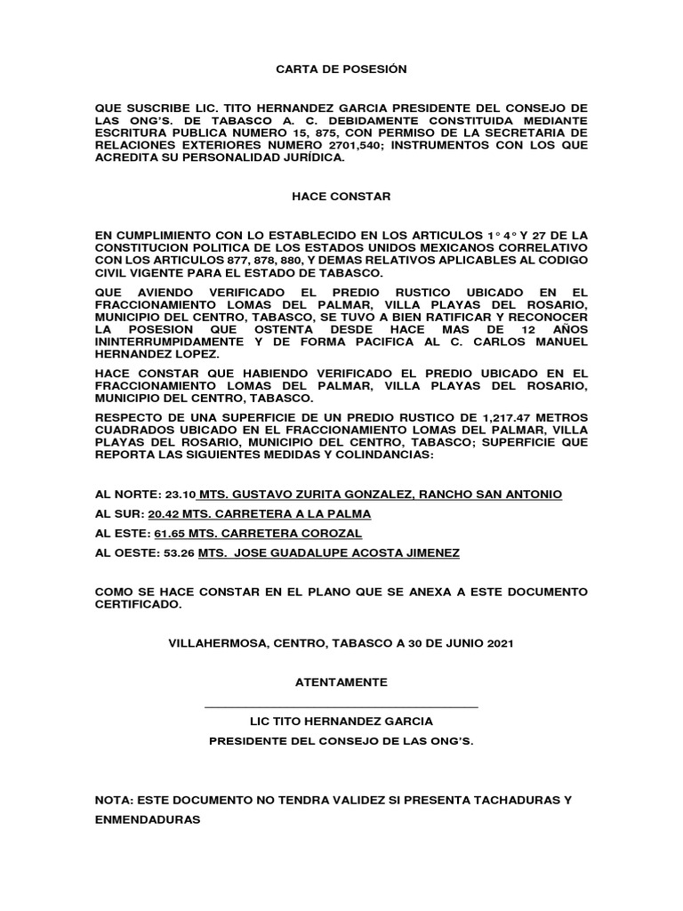 Carta de Posesión 2 | PDF | Derecho Civil (Common Law) | Gobierno