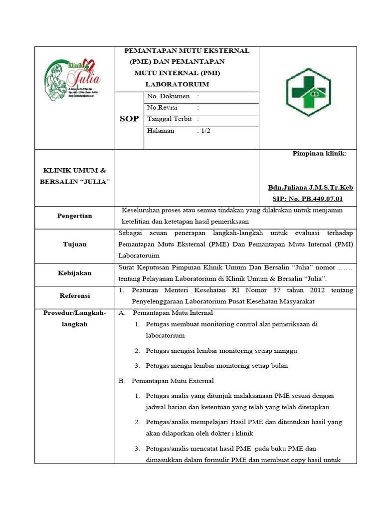 SOP PMI Dan PME LAB | PDF | Sains & Matematika