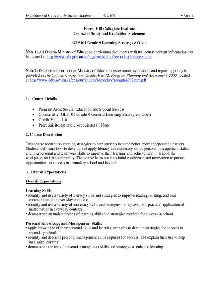 GLS1O Grade 9 Open Learning Strategies | PDF | Educational Assessment ...