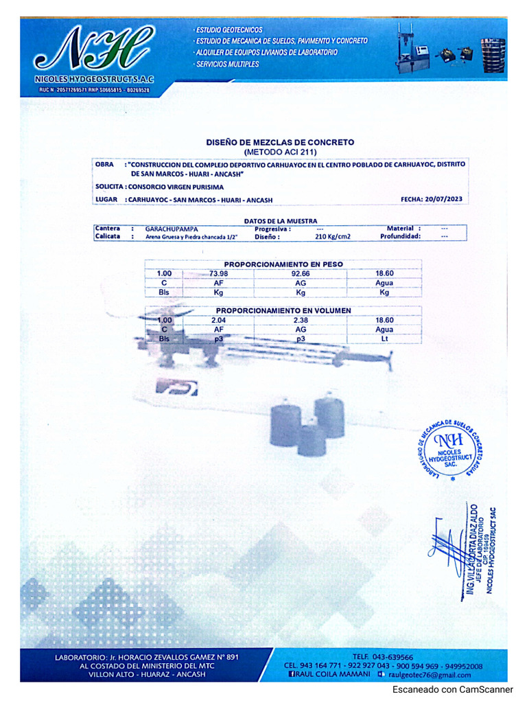 DISEÑO DE MEZCLA FC 210 | PDF