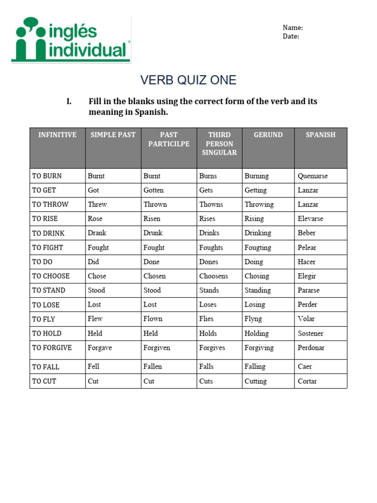 Verb Quiz One Test Nuevo | Download Free PDF | Language Families ...