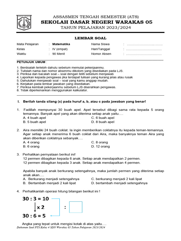 Soal Matematika PTS Kelas 4 SDN Warakas 05 | PDF