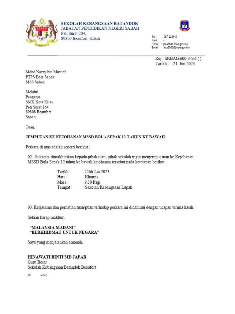 SURAT PANGGILAN MESYUARAT SK BATANDOK MSSD PT Negri | PDF