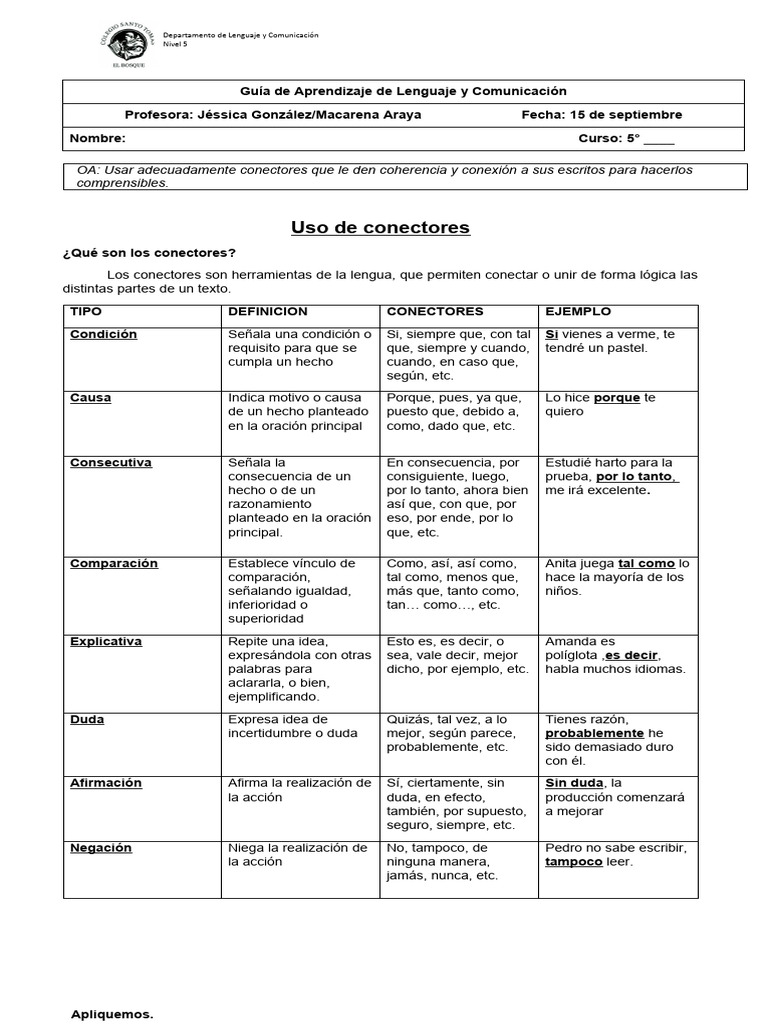 Guía de Lenguaje 5° Conectores | PDF | Conector eléctrico