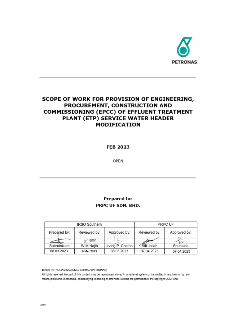 SOW EPCC Effluent Treatment Plant Service Water Header Modification | PDF | Pipe (Fluid ...