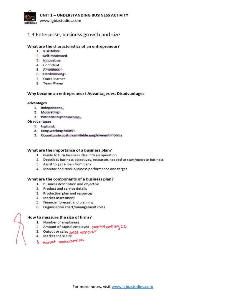 Unit 1.3 Enterprise, Business Growth and Size | PDF | Entrepreneurship ...