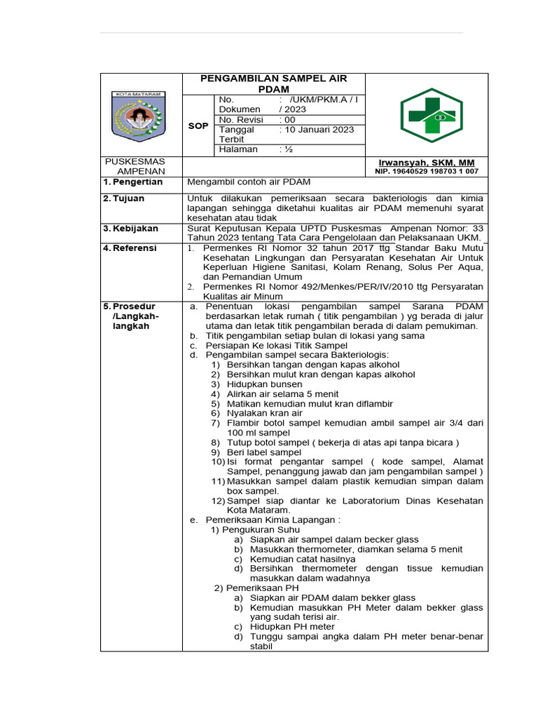 SOP Pengambilan Sampel PDAM Fix | PDF | Sains & Matematika