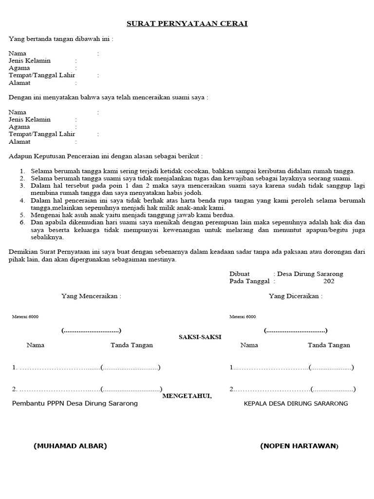 Surat Pernyataan Cerai | PDF