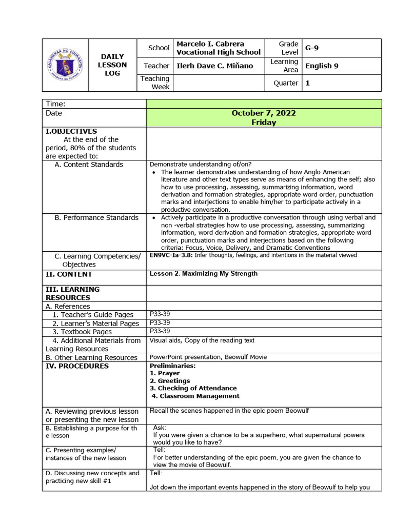 Grade 9 English Lesson Plan: Beowulf | PDF | Learning | Communication