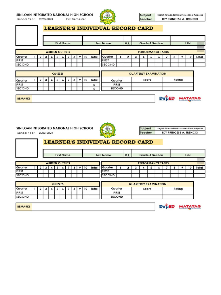 Learners Individual Record Card Front | PDF