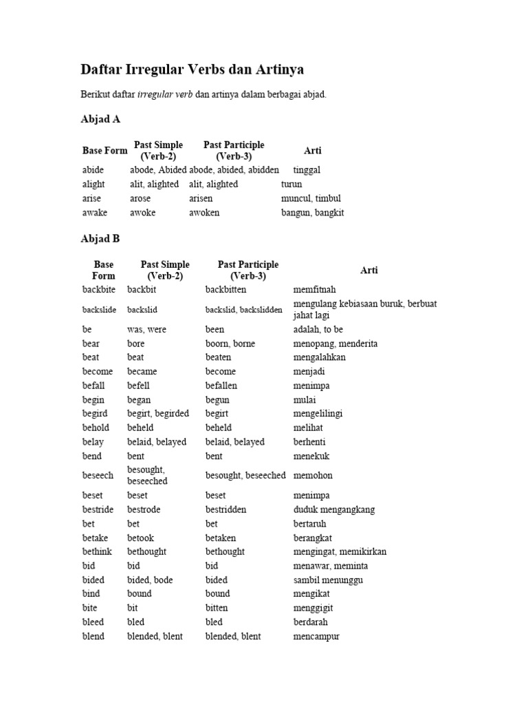 Daftar Irregular Verbs Dan Artinya | PDF | Language Mechanics | Linguistics