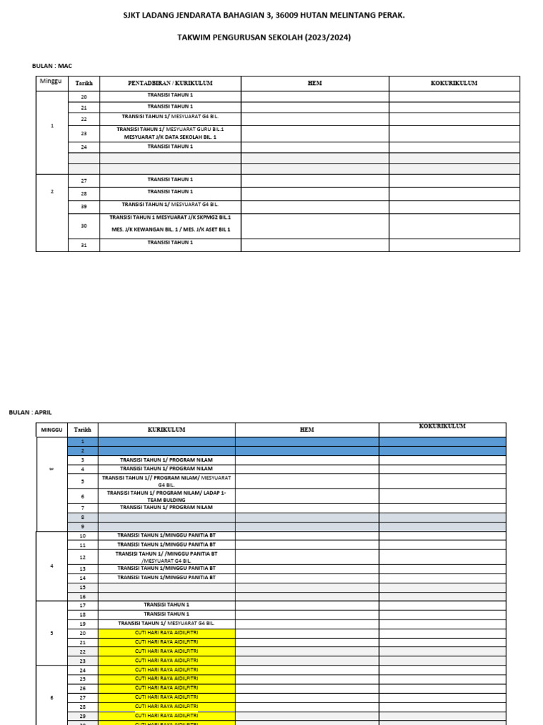 Takwim Pengurusan Kalender 2023 2024 | PDF
