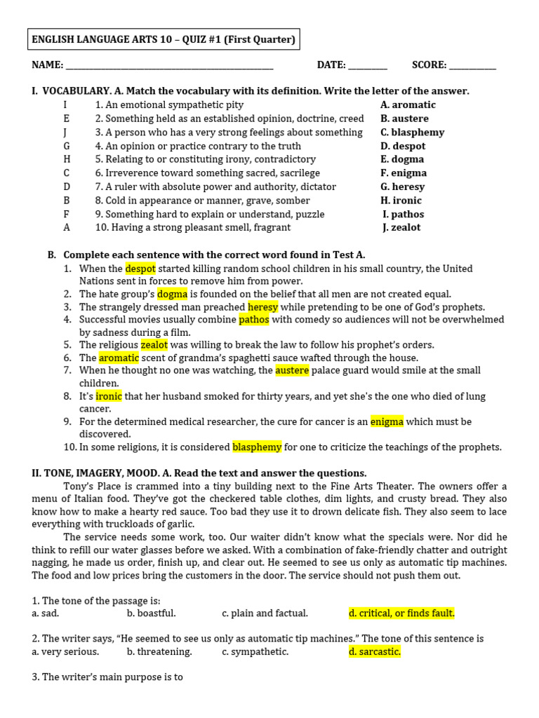 ELA 10 Q1-Quiz1 Answer Key | PDF | Empathy | Accent (Sociolinguistics)
