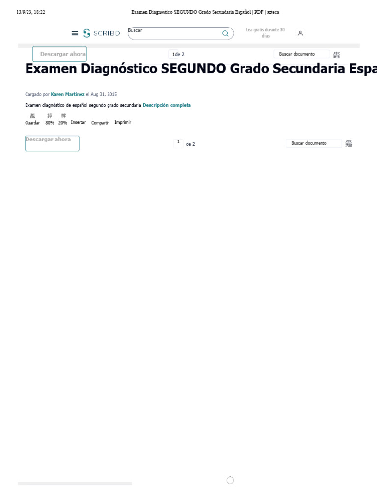 Examen Diagnóstico SEGUNDO Grado Secundaria Español - PDF - Azteca | PDF | Publicación ...
