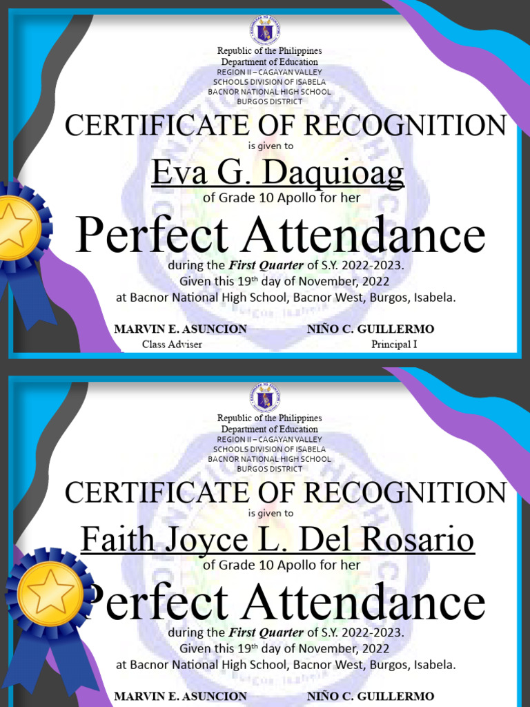 CERT JUNIOR Perfect Attendance | PDF | Government | Philippines