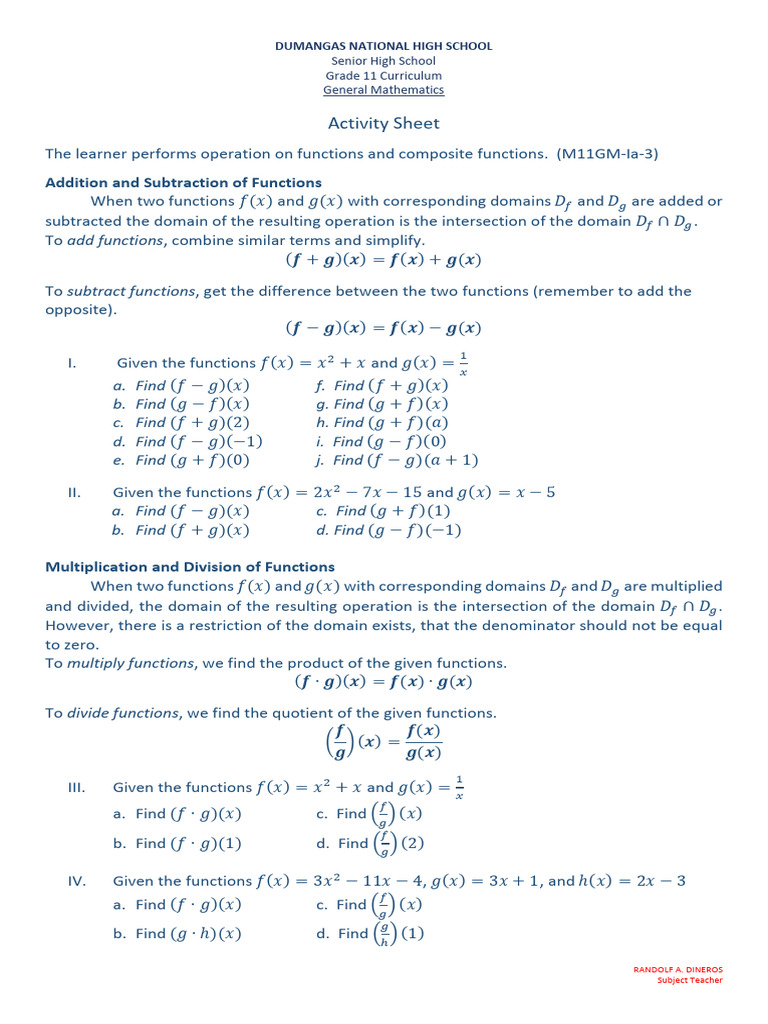 Activity Sheet-Operations On Functions | PDF | Elementary Mathematics | Arithmetic