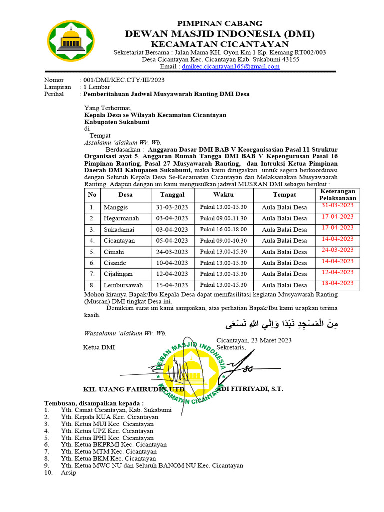 001 Surat Musran Dmi Desa Se-Kec. Cicantayan | PDF
