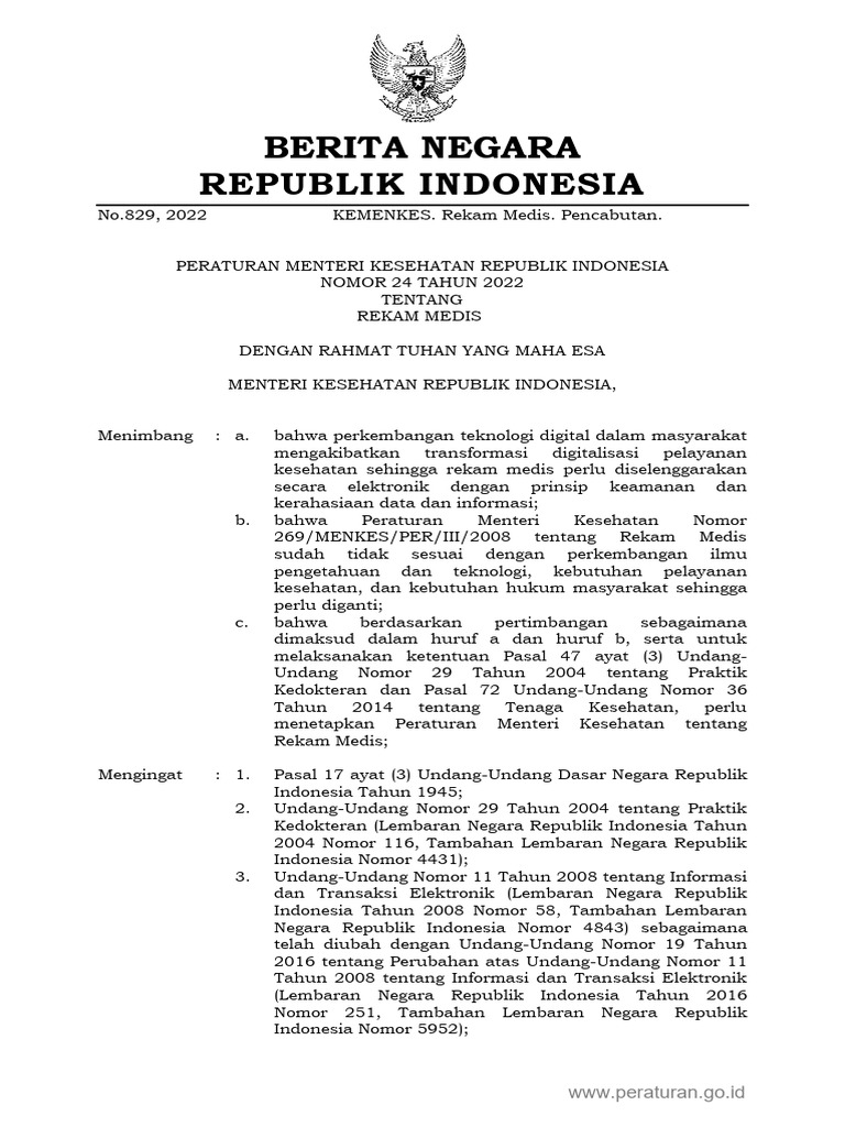 Permenkes Nomor 24 Tahun 2022 Tentang Rekam Medis | PDF