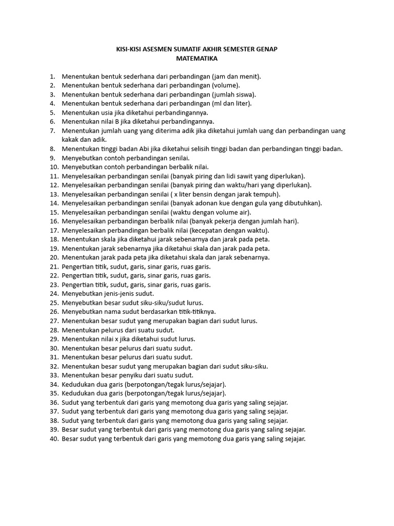 Kisi-Kisi Sas Genap Matematika 7 | PDF