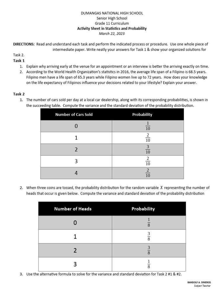 Standard Deviation in Probability Activities | PDF | Variance ...