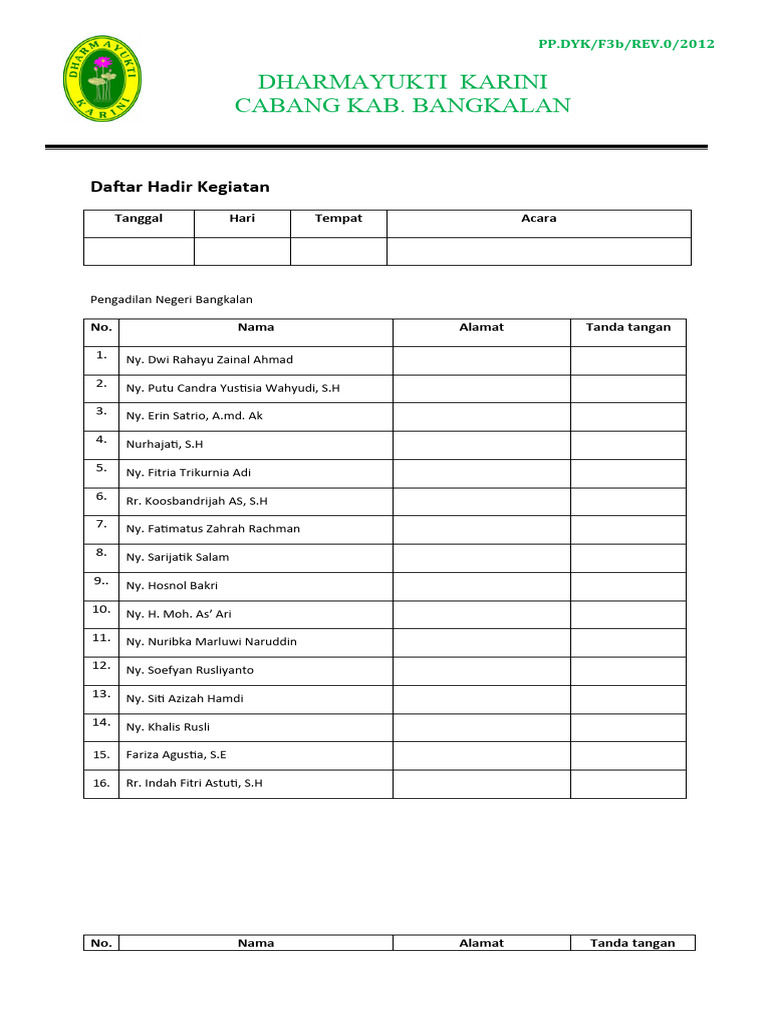Daftar Hadir Pertemuan Rutin DYK PN | PDF
