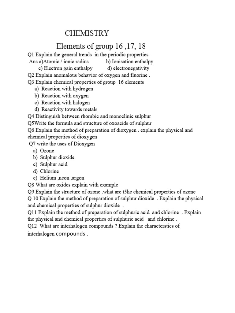 ELEMENTS OF GROUP 16,17 AND 18 Important Questions | PDF
