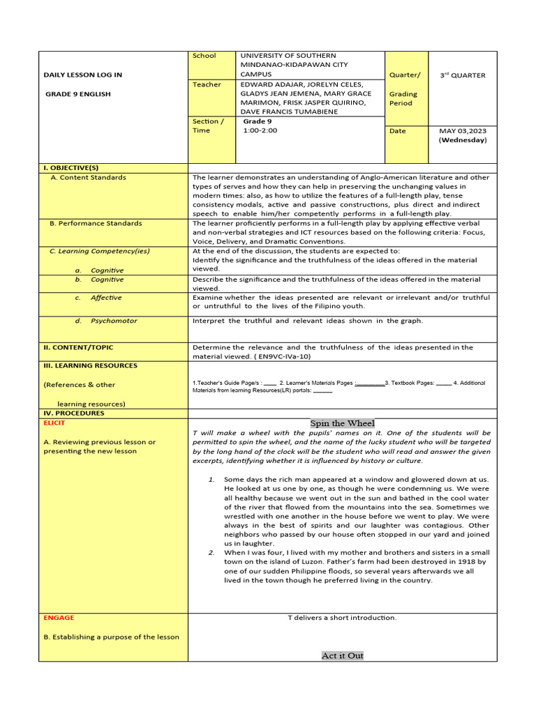Grade 9 English Daily Lesson Log | PDF | Social Networking Service ...