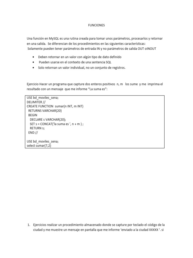 PRESENTANCION DE FUNCIONES CON MySQL | PDF