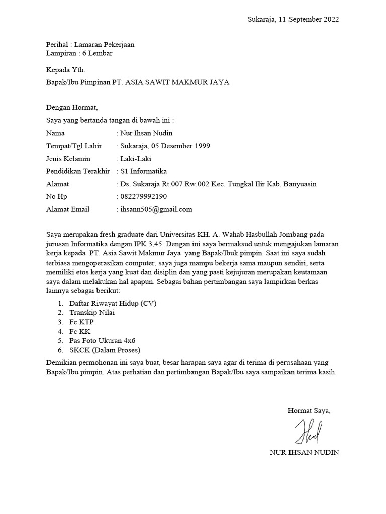 Surat Lamaran Nur Ihsan Nudin | PDF