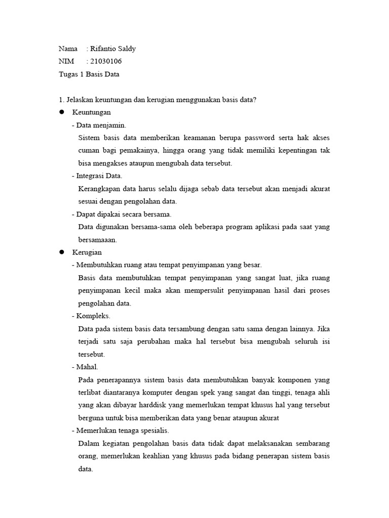 Tugas 1 Basis Data - Rifantio Saldy - 21030106 | PDF